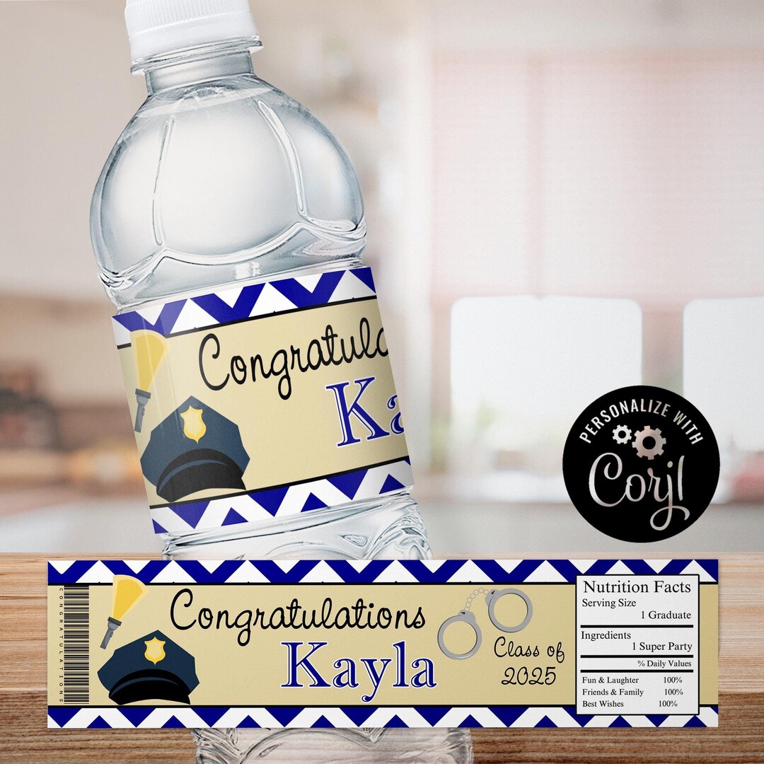 Criminal Justice Graduation Water Bottle Wrapper: Editable Party Favor ...