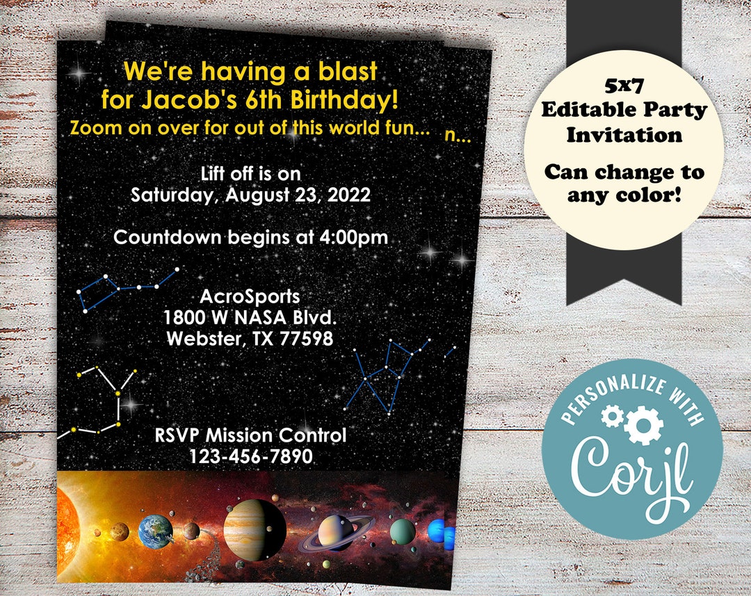 Editable Outer Space Birthday Invitation: Solar System Design (digital ...