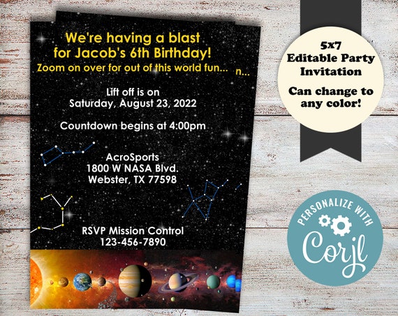 Editable Outer Space Birthday Party Invitations, Solar System Birthday ...