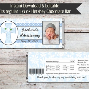 Editable Blue Damask Christening Candy Wrapper, Baptism Candy Bar ...
