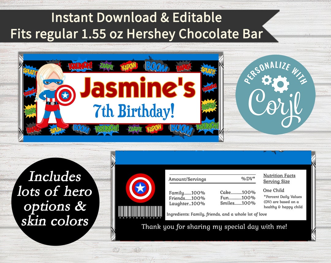 Editable Superhero Girl Candy Bar Wrapper: Birthday Party Favor ...