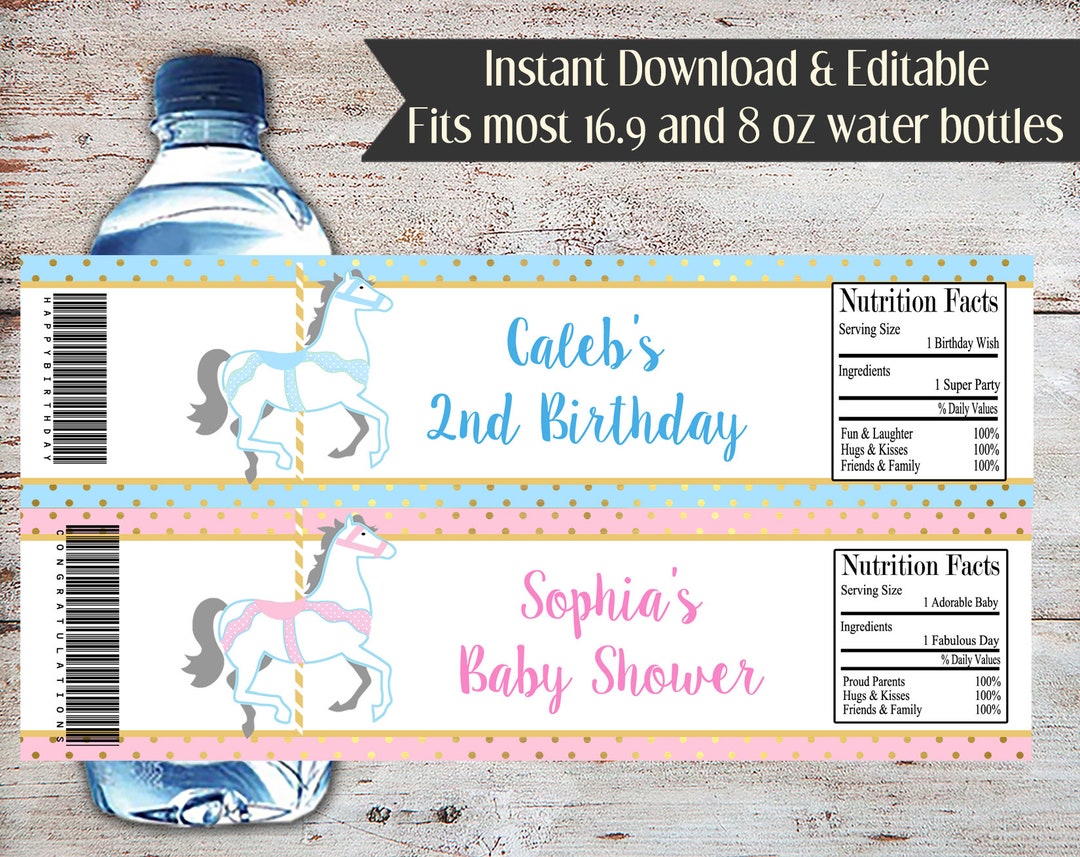 Editable Carousel Water Bottle Label, Carousel Water Bottle Wrapper ...