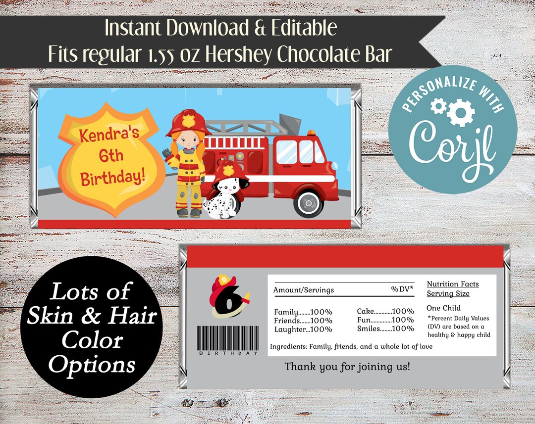 Editable Fireman Candy Wrapper, Fire Truck Candy Bar Wrapper, Fireman ...