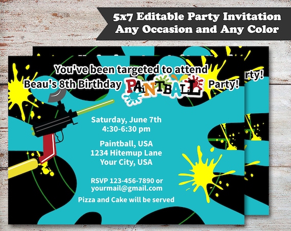 Editable Paintball Birthday Party Invitations, Paintballing Party ...