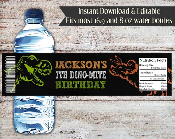 Editable Dinosaur Water Bottle Wrapper, Dinosaur, Baby Shower, Birthday ...