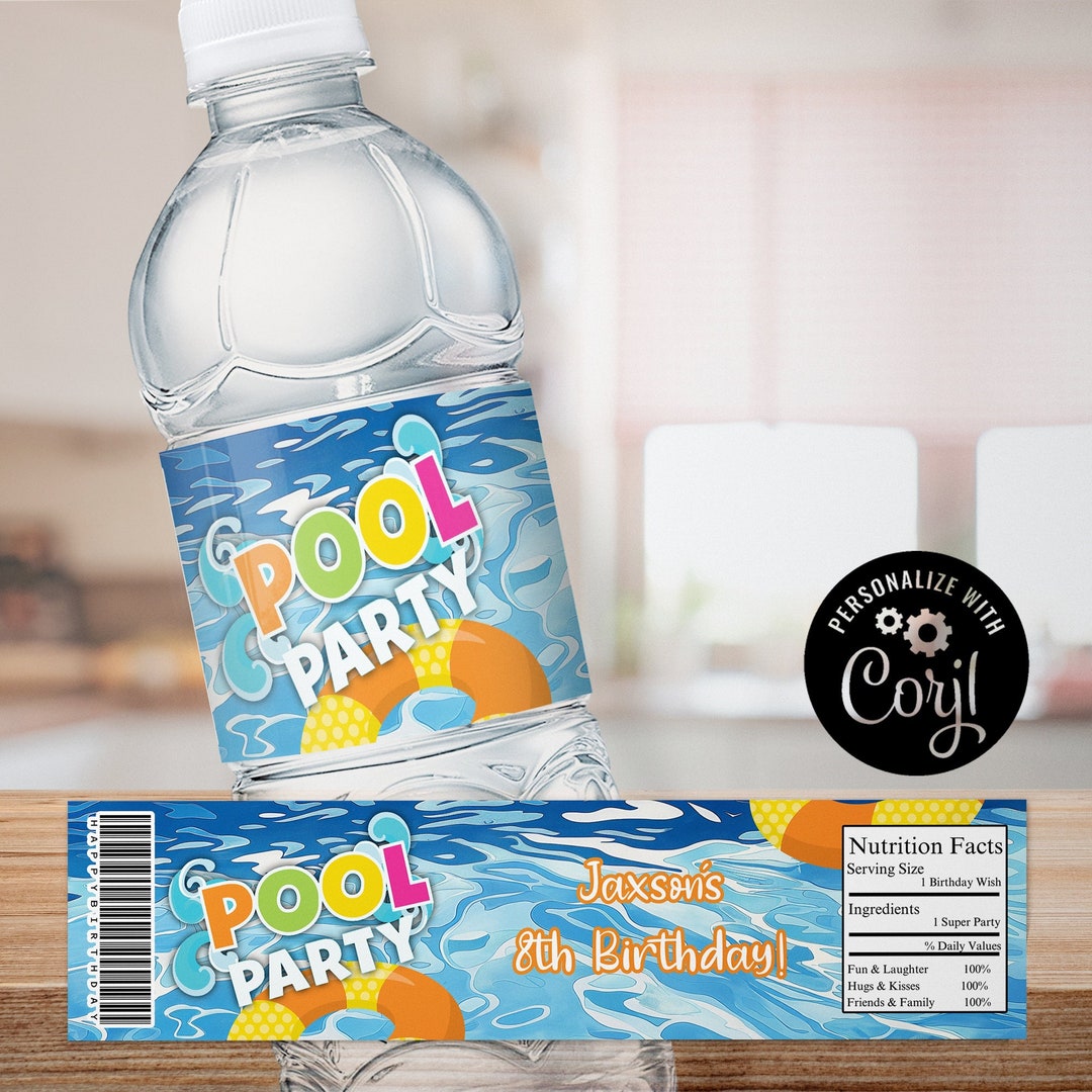 Pool Party Water Botte Wrapper, Swimming Party, Water Labels, Swimming ...