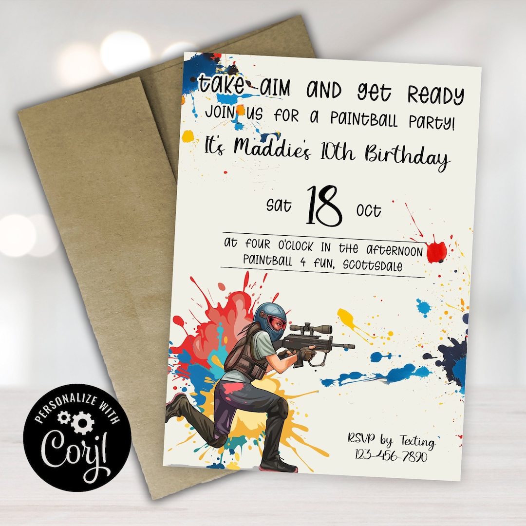 Paintball Birthday Invitation, Girl Paintball Party Invite Template ...