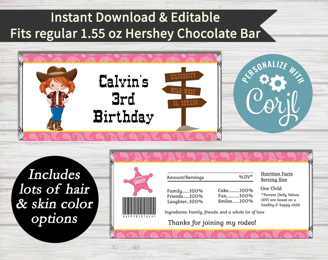 Editable Cowboy or Cowgirl Candy Bar Wrapper, Western Party, Rodeo ...