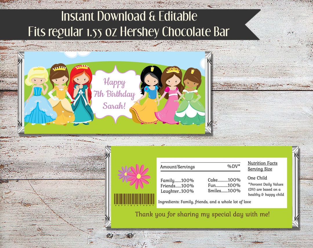 Editable Princess Candy Bar Wrapper, Princess Party Favors, Princess ...