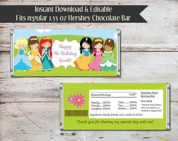 Editable Princess Candy Bar Wrapper, Princess Party Favors, Princess ...