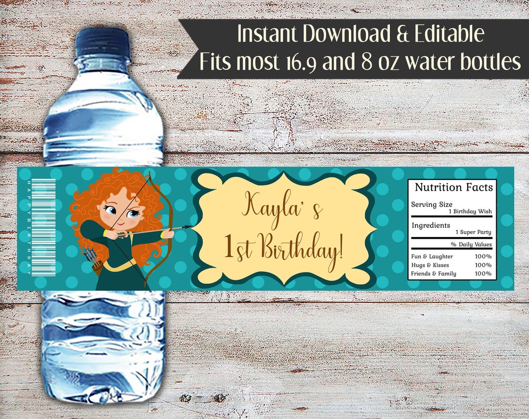 Editable Brave Birthday Water Bottle Label, Merida Water Bottle Labels ...