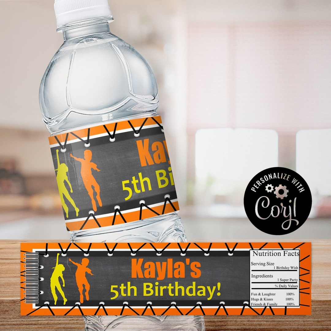 Editable Trampoline Water Bottle Wrapper, Jumping Party Water Wrappers ...