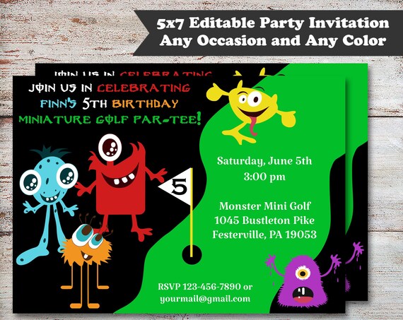 Editable Monster Golf Birthday Invitations, Miniature Golfing Birthday ...