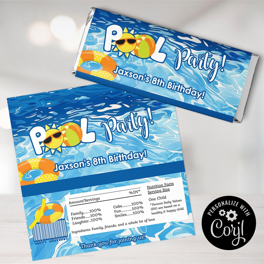 Editable Pool Party Candy Bar Wrapper: DIY Summer Birthday Favors ...