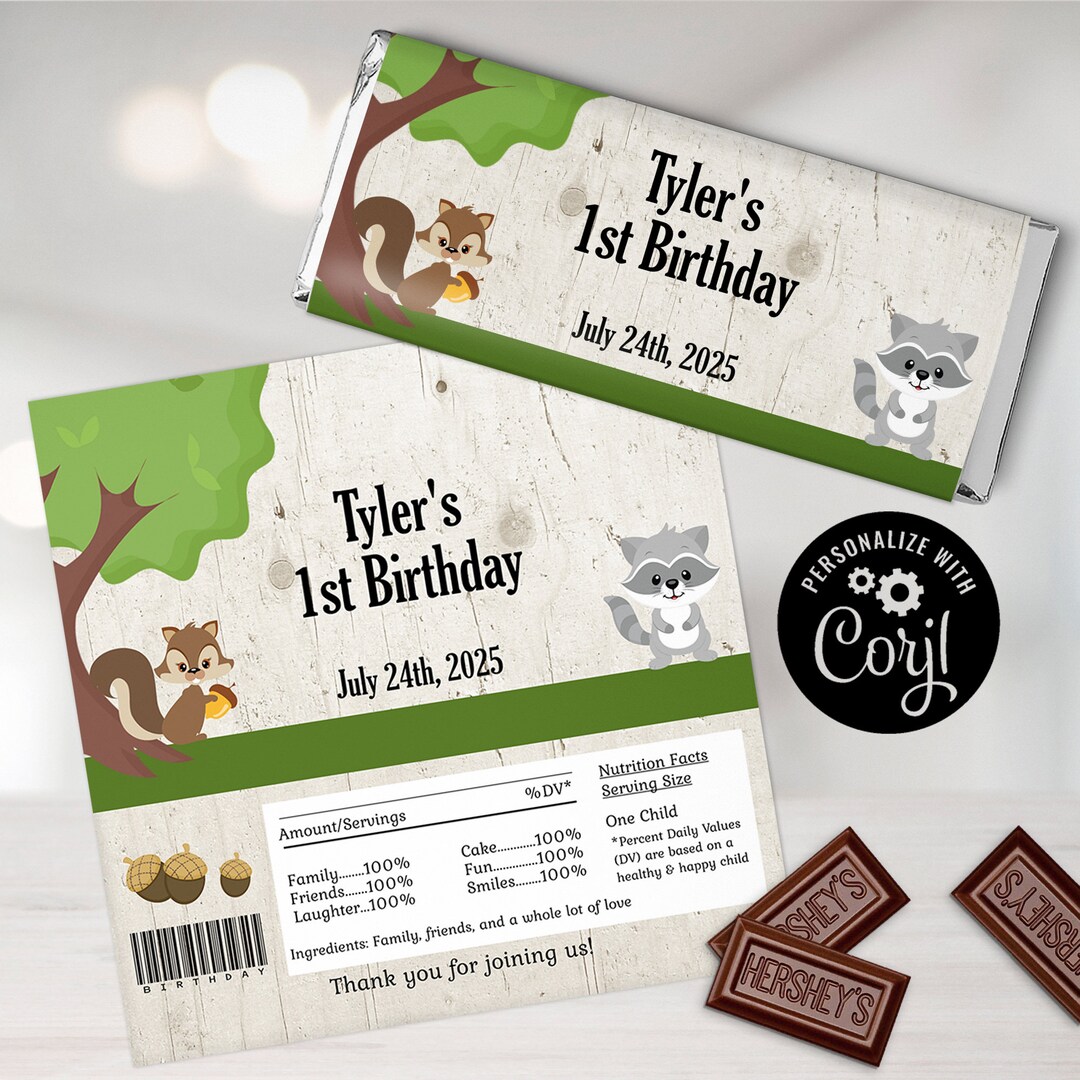 Woodland Animals Candy Bar Wrapper, Woodland Animals, Birthday Party ...
