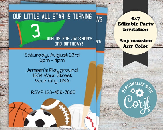 Editable All Star Birthday Party Invitations Sports Birthday | Etsy