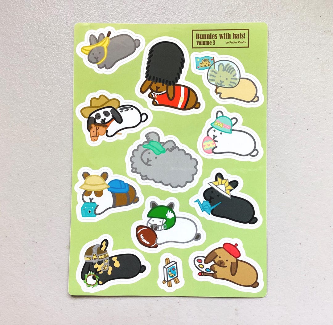 Bunnies With Hats Volume 3 Sticker Sheet, Funny Bunny Stickers, Cute ...