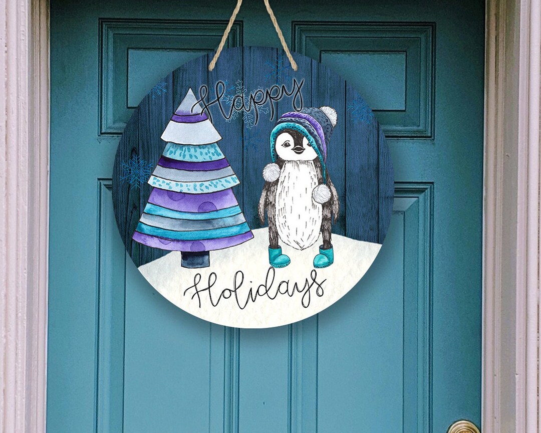 Penguin Blue Faux Wood Christmas Door Hanger, Wreath Sign, Wreath ...