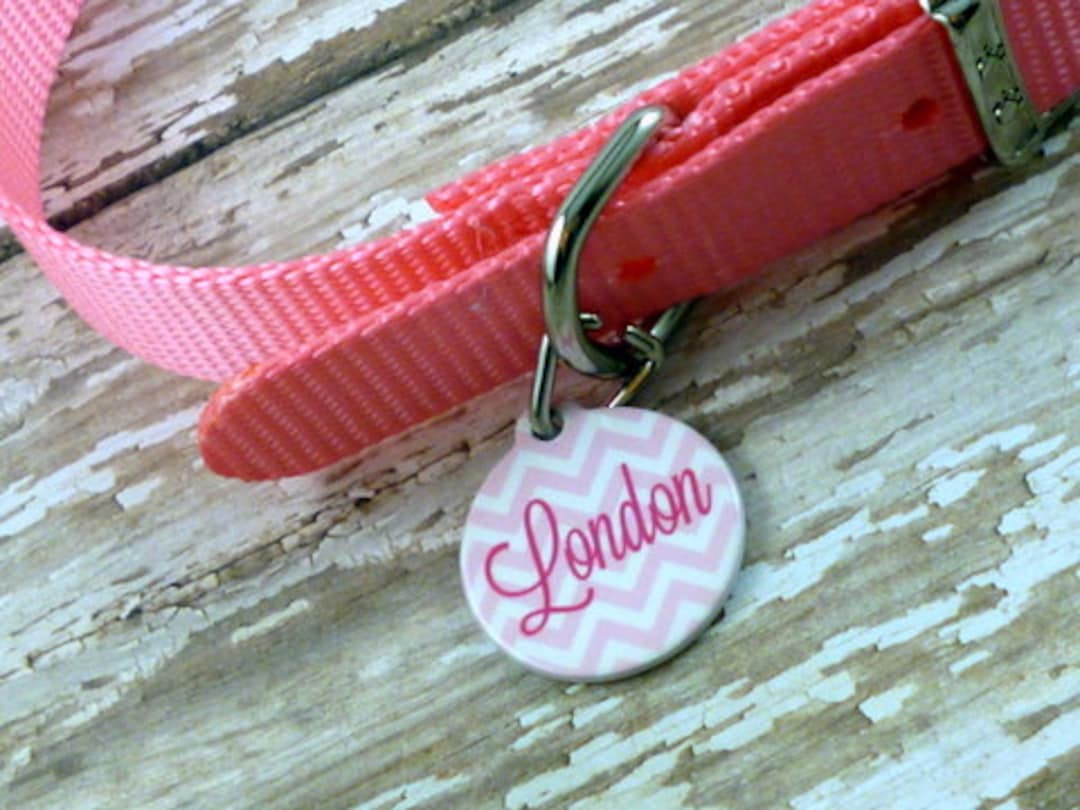 Personalized Pet Name ID Tag Dogs Cats | Cute Pink Chevron Collar Tag ...