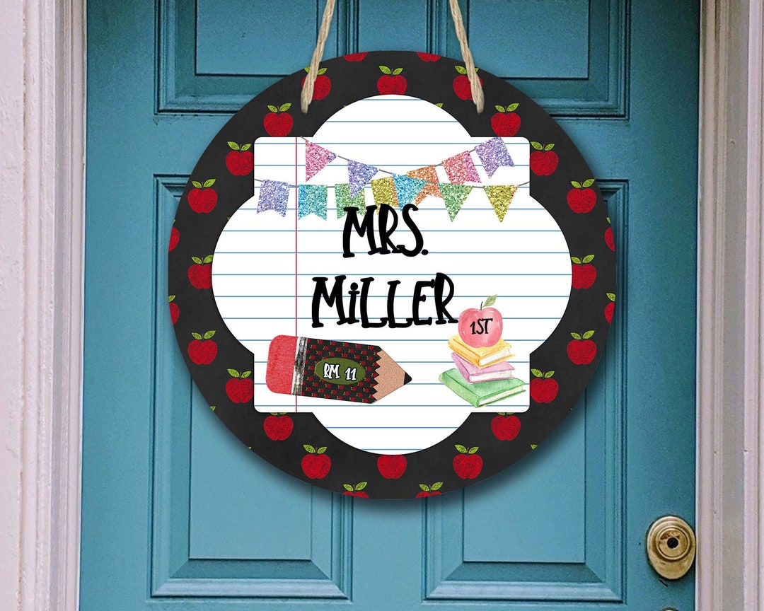 Personalized Teacher Apple, Banner, Pencil Wreath Sign, Polka Dots ...