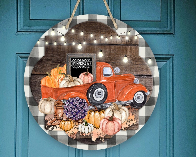 Fall Red Truck Buffalo Plaid Sign, Pumpkin Sign, Door Hanger, Door ...