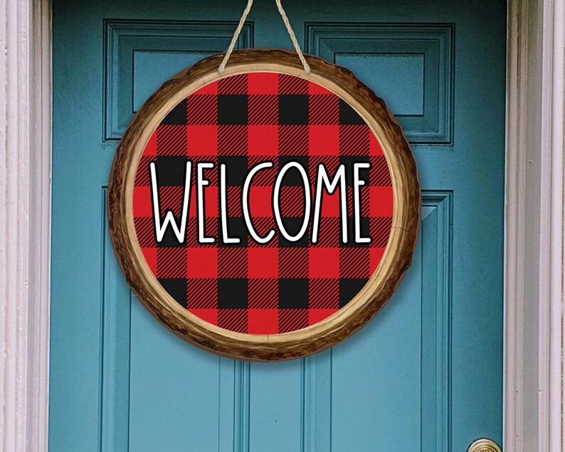 Christmas Faux Wood and Buffalo Plaid Welcome Sign Door | Etsy