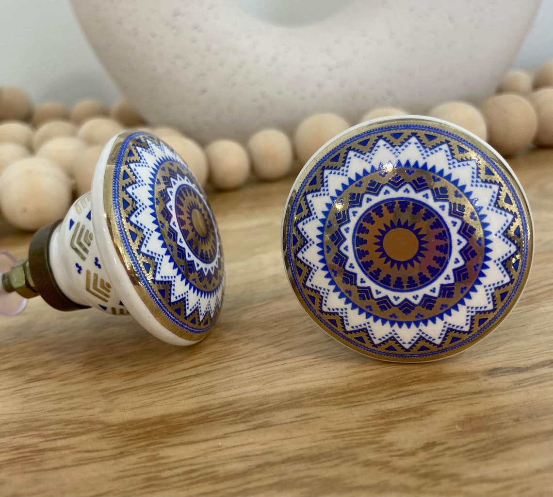 Blue and Gold Wheel Pattern Flat Ceramic Knob - Etsy Australia