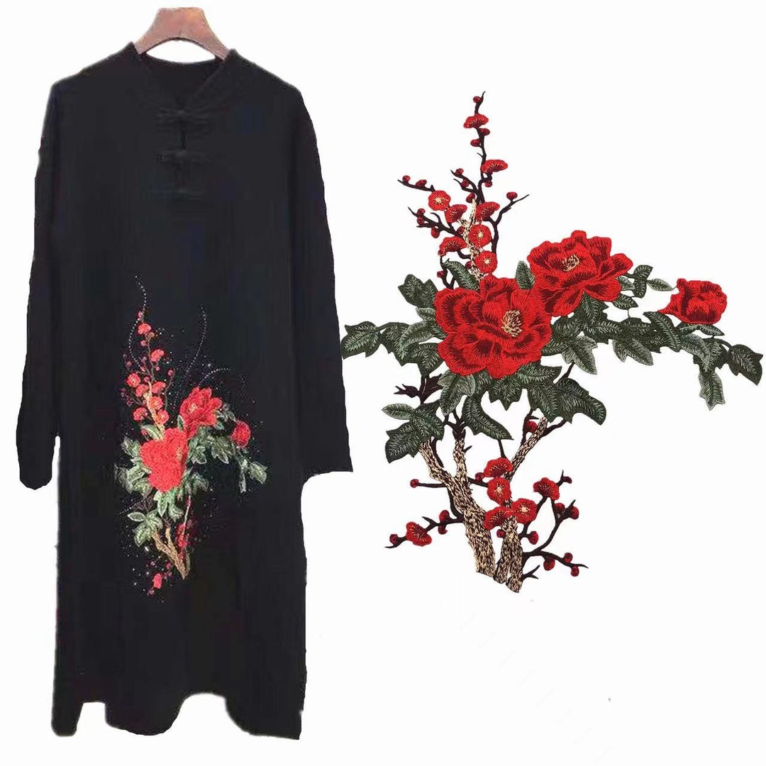 Large Red Flower Embroidered Patch Applique Floral Decoration Patch ...
