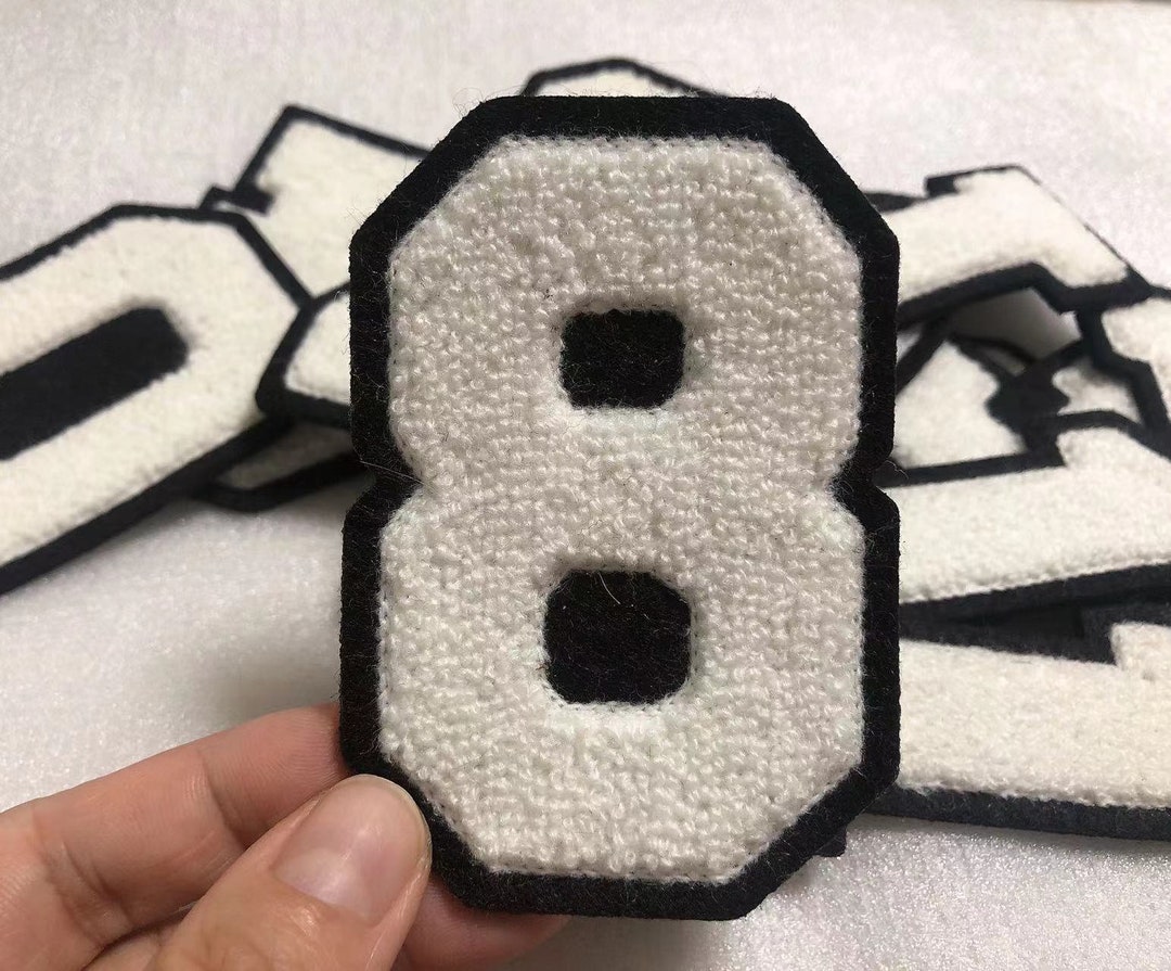 White Chenille Embroidered Numbers Applique Patch Design for T-shirt or ...