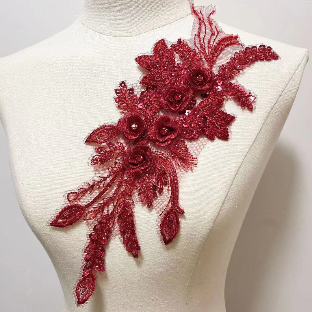 Red 3D Flower and Sequins Applique Patch Embroidered Patch Sweater or ...