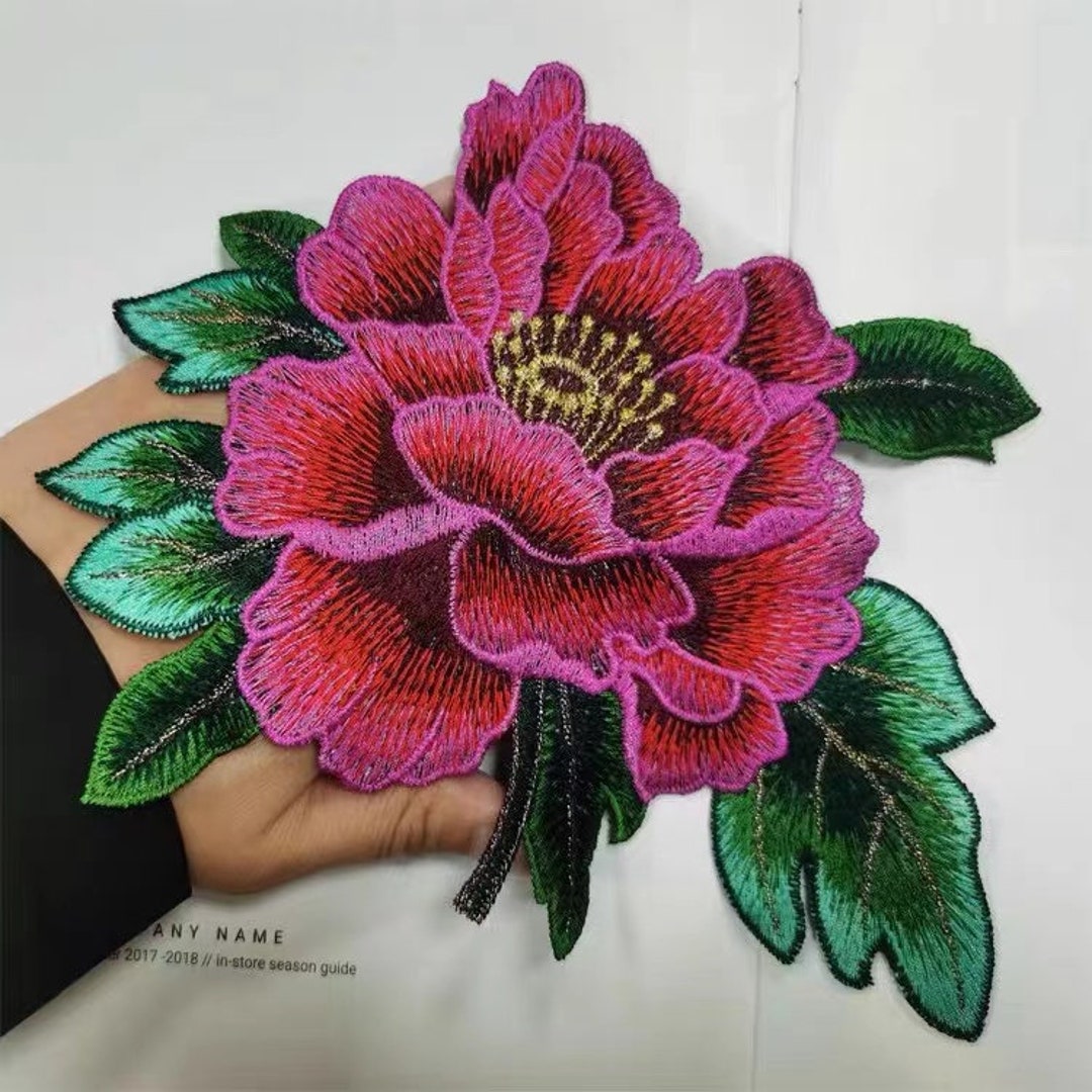 Peony Floral Embroidered Patch Flower Applique Sew On Patch T Shirt