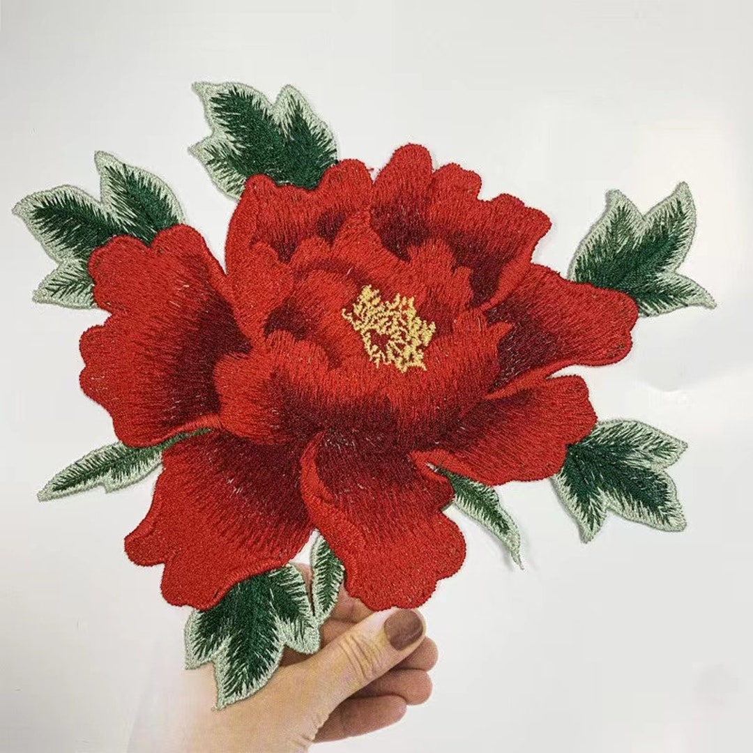 Peony Floral Embroidered Patch Flower Applique Sew On Patch T Shirt
