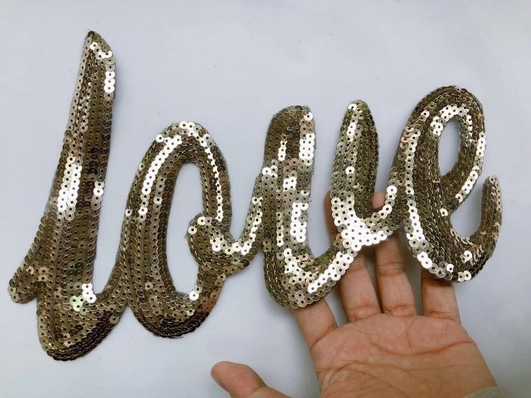 Gold LOVE Sequins Embroidered Patch Paillette Applique T-shirt or Jeans ...