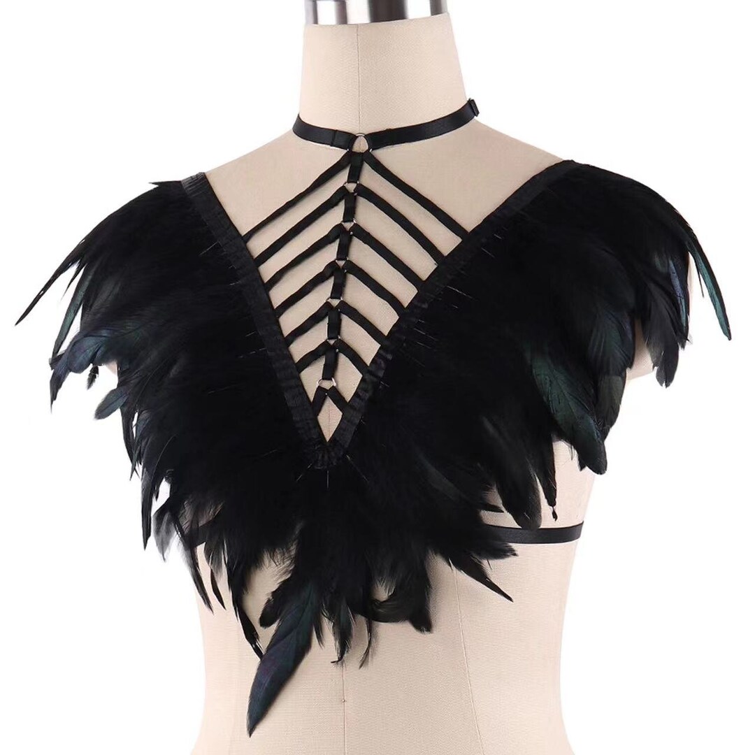 Elastic Band Harness With Feather Chest Sculpting Body Waist Black ...