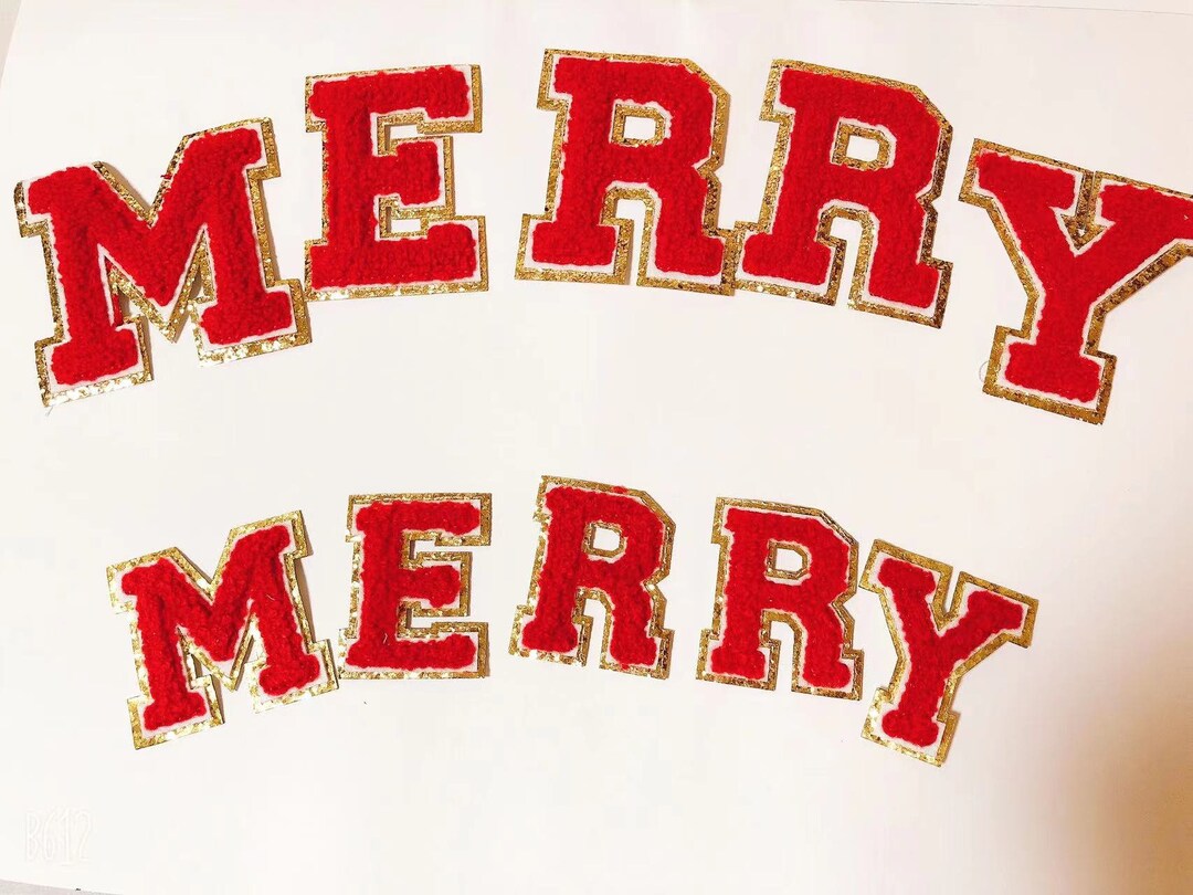 Iron on Word Merry Chenille Embroidered Letters Applique Patch Design ...