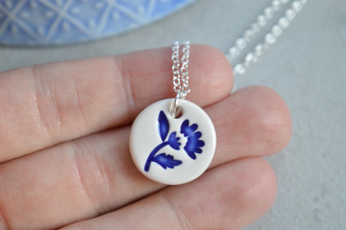 Tulip Necklace Sterling Silver, Royal Blue Necklace, Ceramic Pendant ...