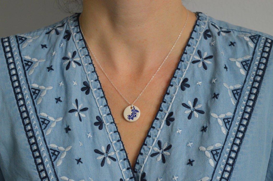 Fern Necklace, Delft Blue Necklace, Ceramic Pendant Necklace, Royal ...
