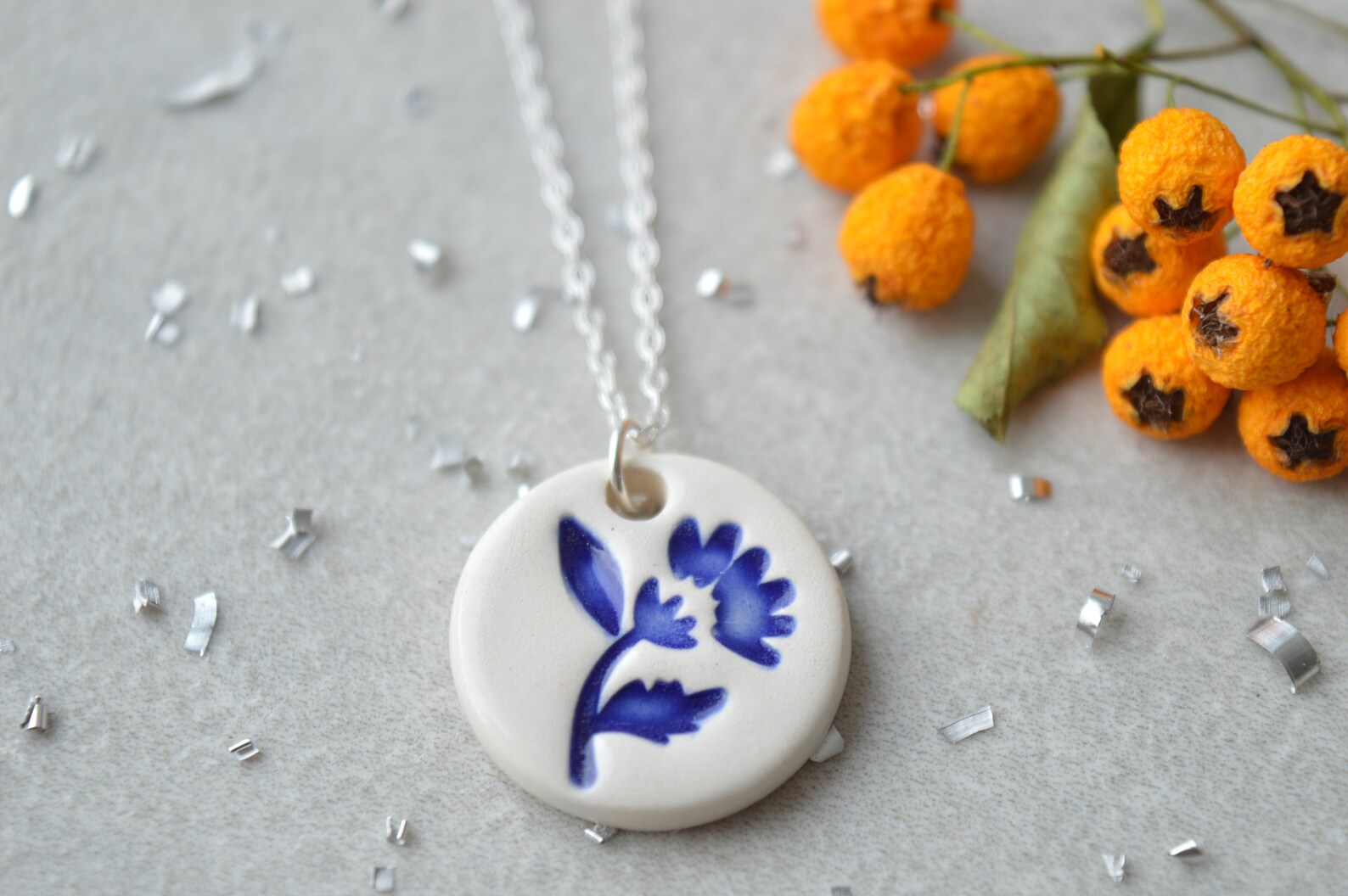 Tulip Necklace Sterling Silver, Royal Blue Necklace, Ceramic Pendant ...