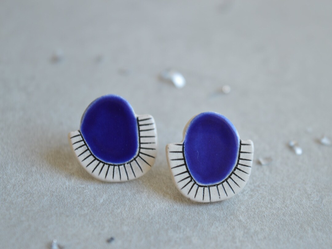 Minimalist Stud Earrings, Royal Blue Earrings, Ceramic Jewelry, Organic ...