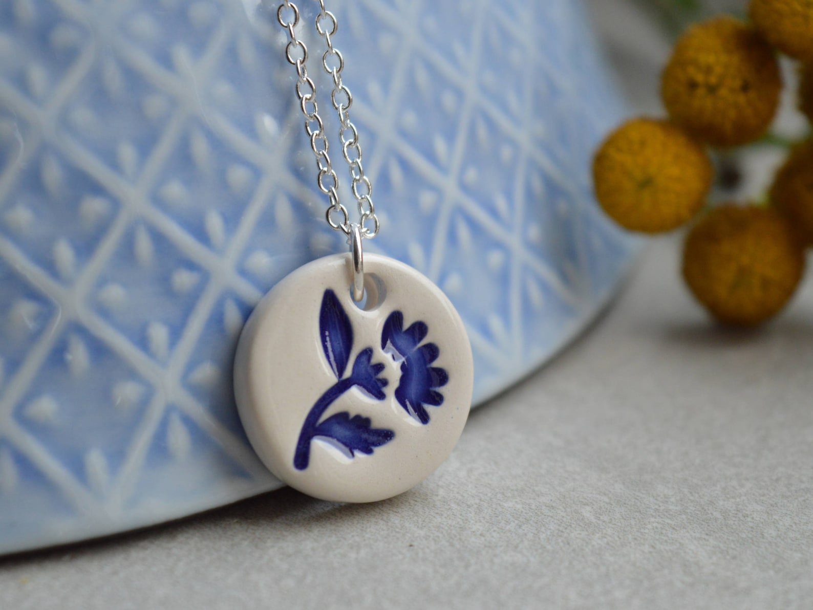 Tulip Necklace Sterling Silver, Royal Blue Necklace, Ceramic Pendant ...