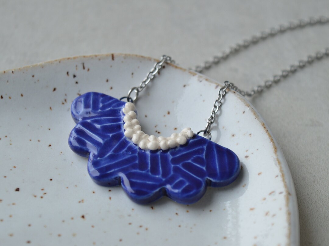 Frilly Necklace, Small Ceramic Necklace, Royal Blue and White Necklace ...