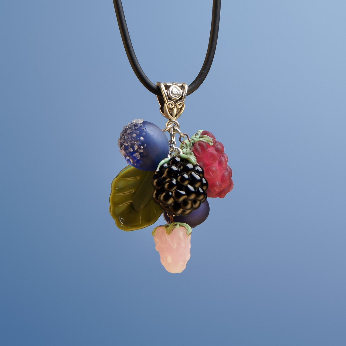 Raspberry blackberry and blueberry necklace Glass berry | Etsy