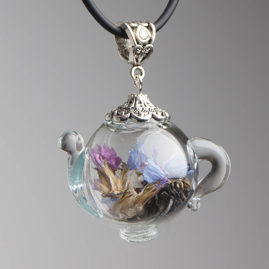 Unique Glass Teapot Floral Necklace • Real Dried Flower Plant Pendant ...