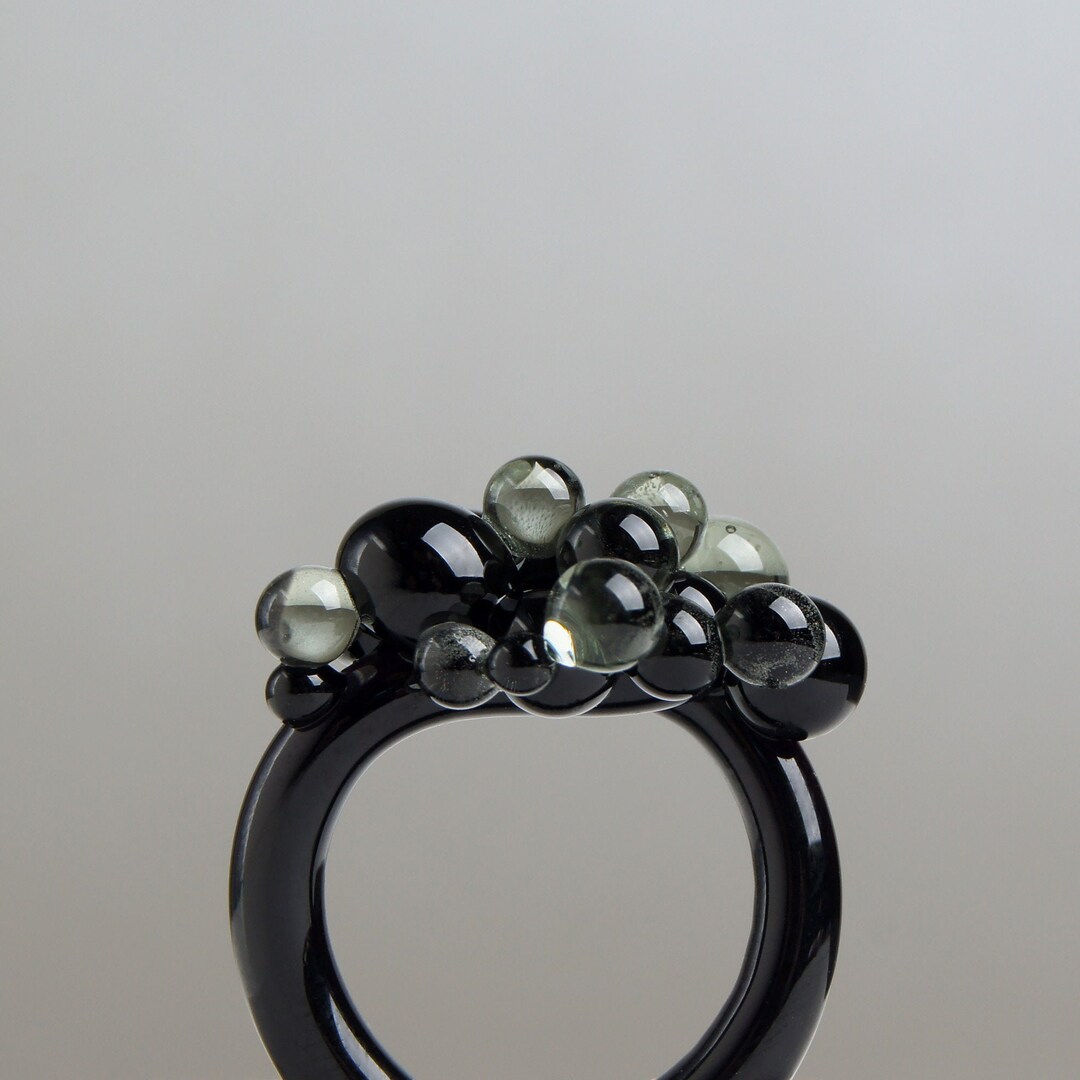 Black Cluster Ring Chunky Black Ring Black Cocktail Ring Big Glass Ring ...