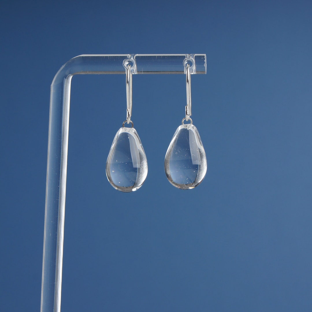 Small Clear Dangle Earrings • Simple Elegant Sculptural Water Teardrop ...