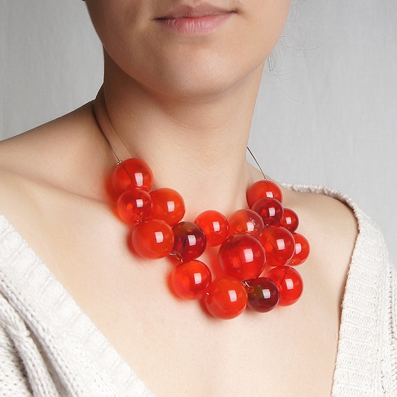 Large Red Necklace Red Chunky Necklace Red Bib Necklace Glass | Etsy