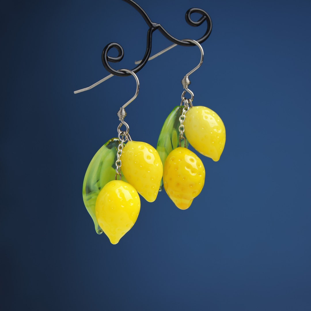Lemon Earrings Glass Fruit Earrings Citrus Earrings Statement Yellow ...