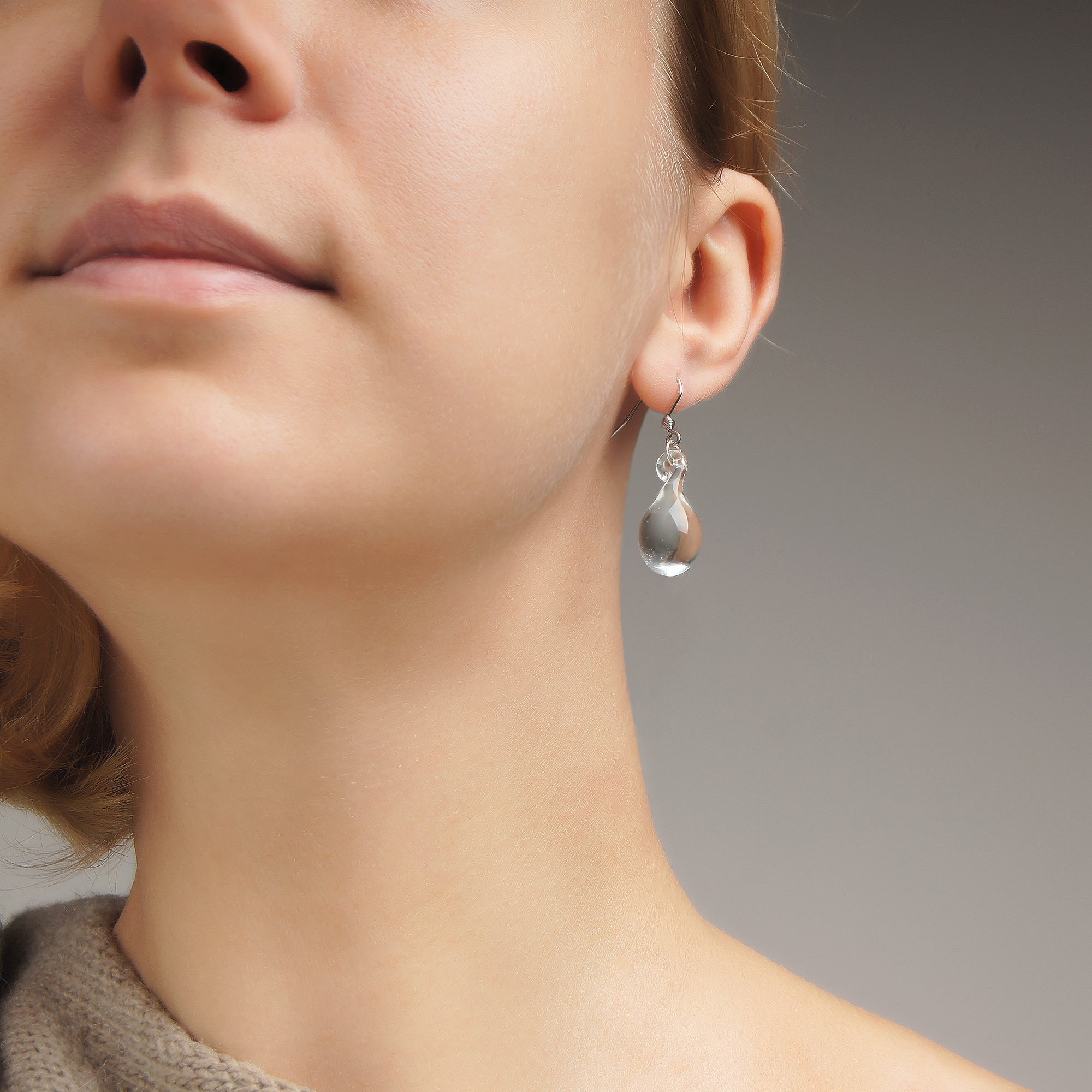 Glass teardrop earrings Clear glass water drop earrings Simple | Etsy