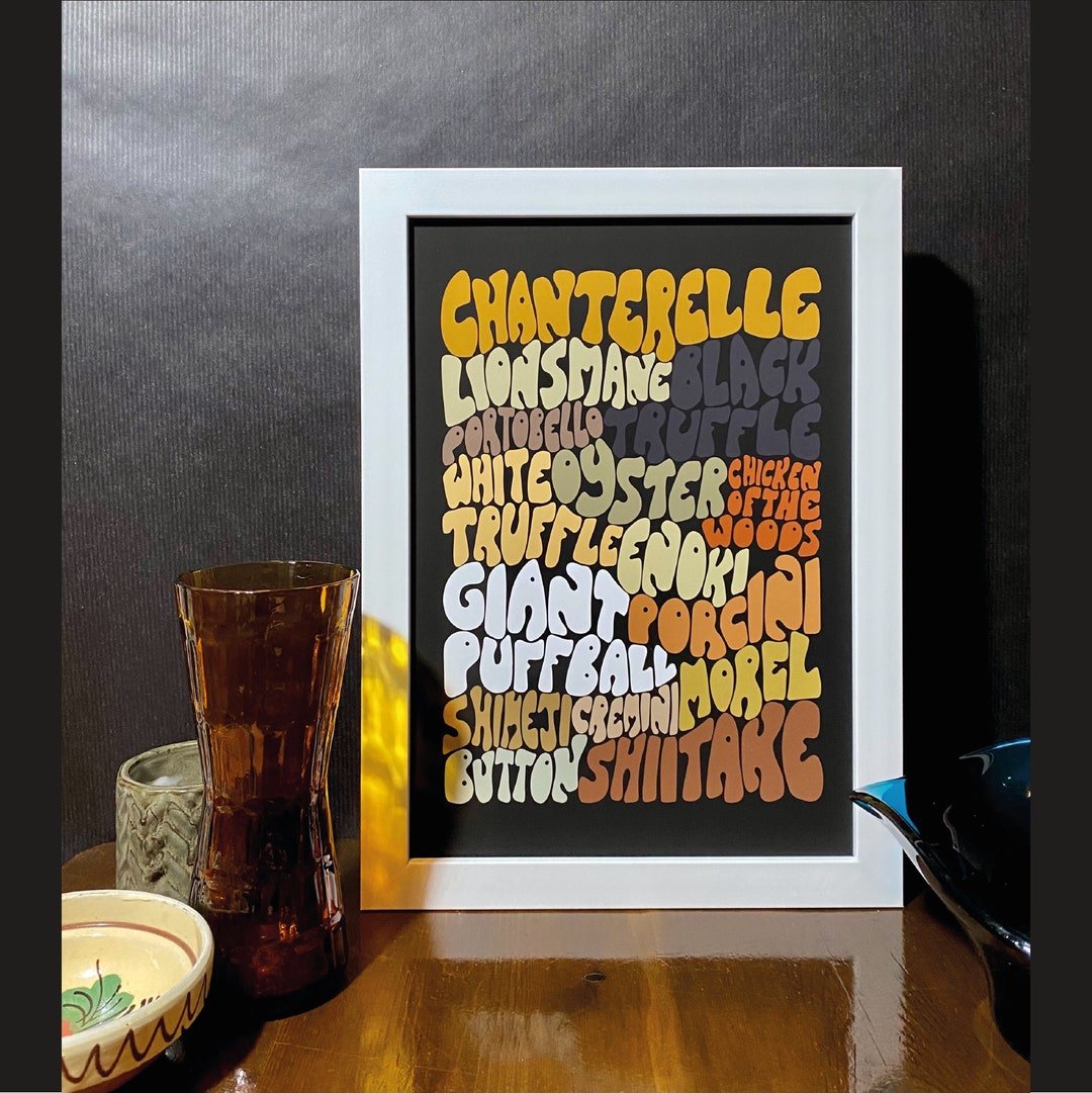 Mushrooms Typography. 70's Style Typography, Types of Fungi Poster ...