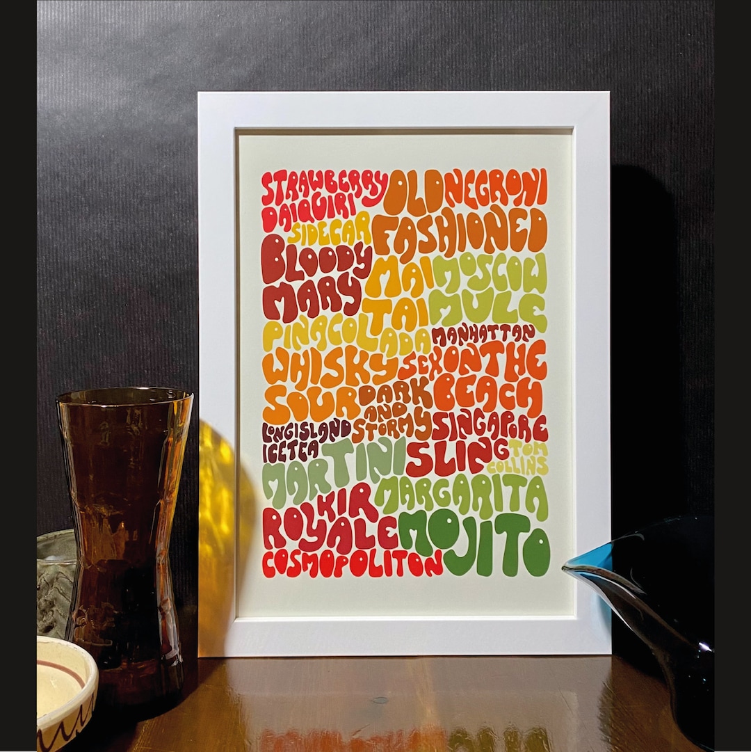 Cocktails Typography, Types of Cocktails Print, 70's Style Typography ...